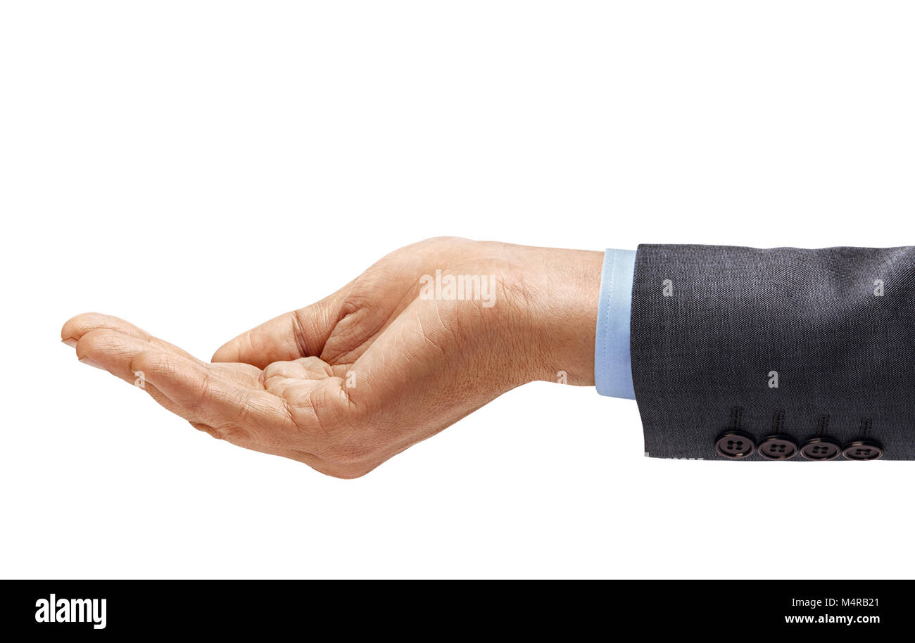 Man's hand in suit sign isolated on white background. Palm up, close up ...