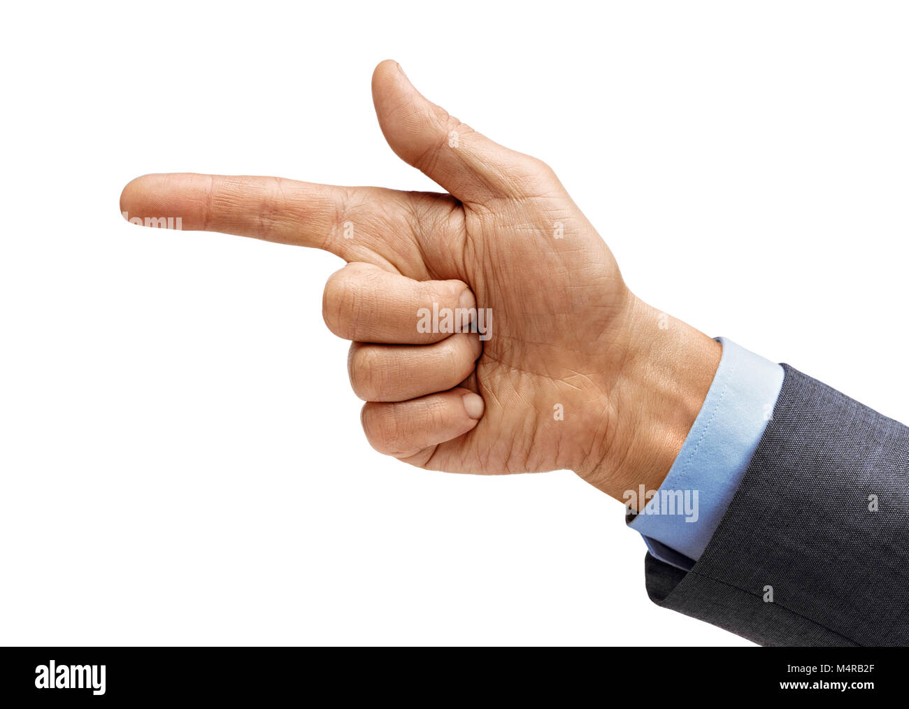 Man's hand in suit points finger at something isolated on white ...