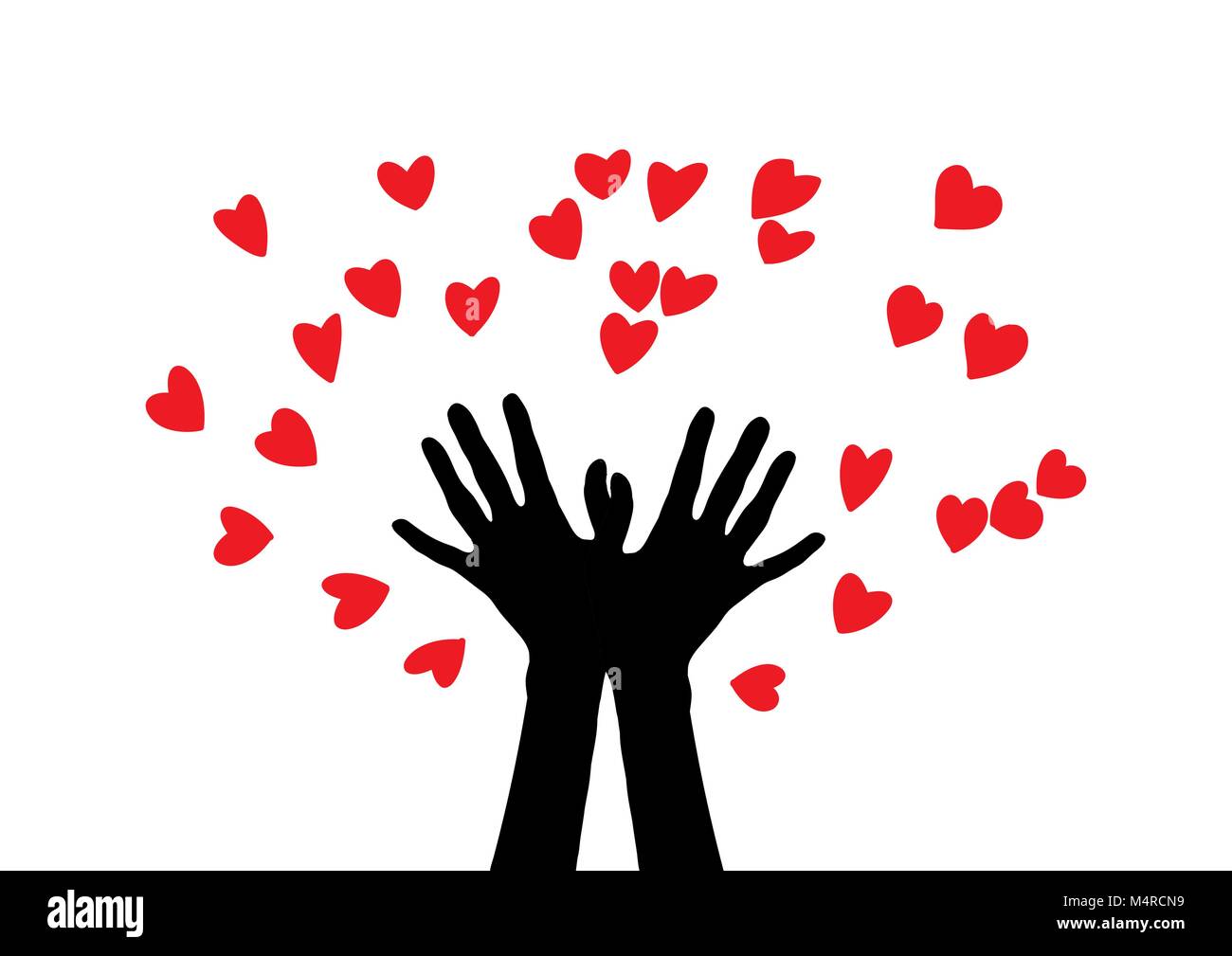 Hands producing many hearts. Silhouette of two hands. Hands throw a lot ...