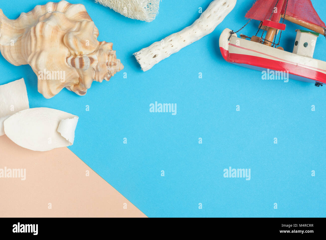 Set of summer object Sea Shell,boat,coral, starfish, and sand on pastel ...