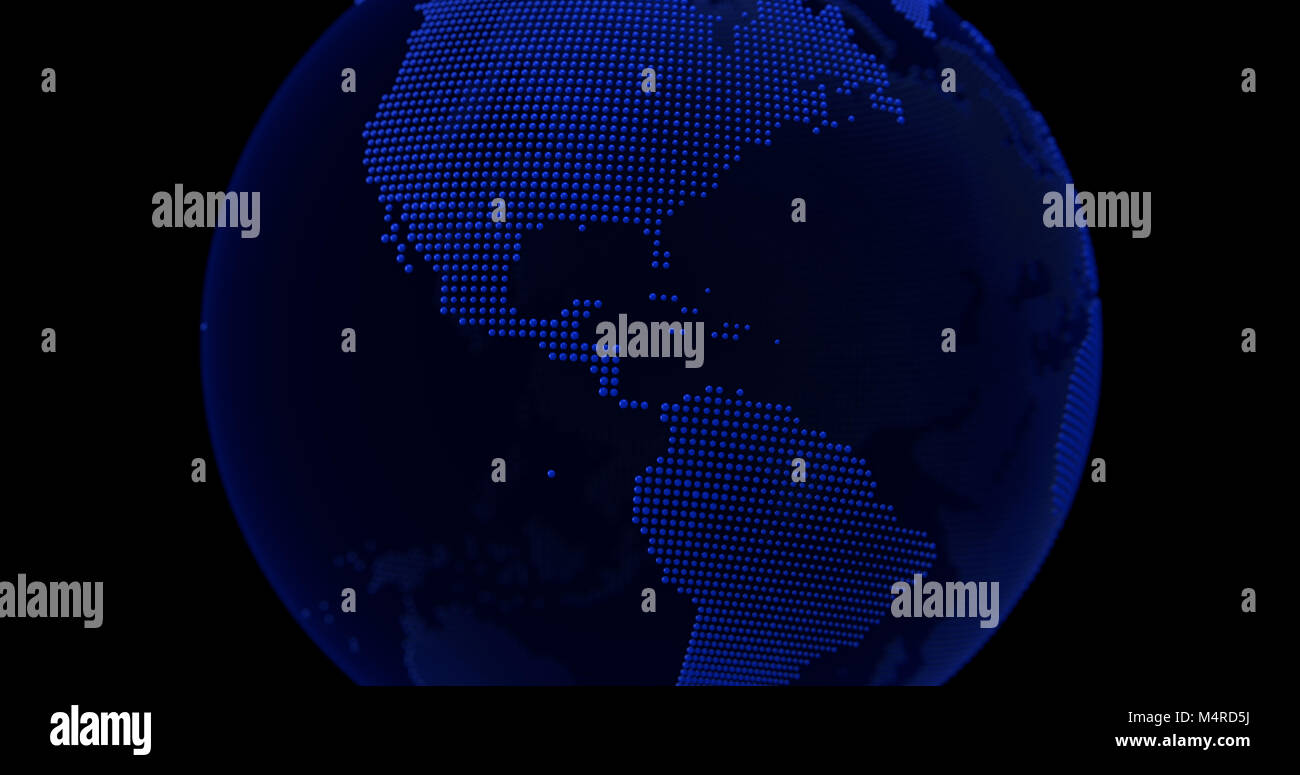 Blue point world globe North America and South America map on dark ...