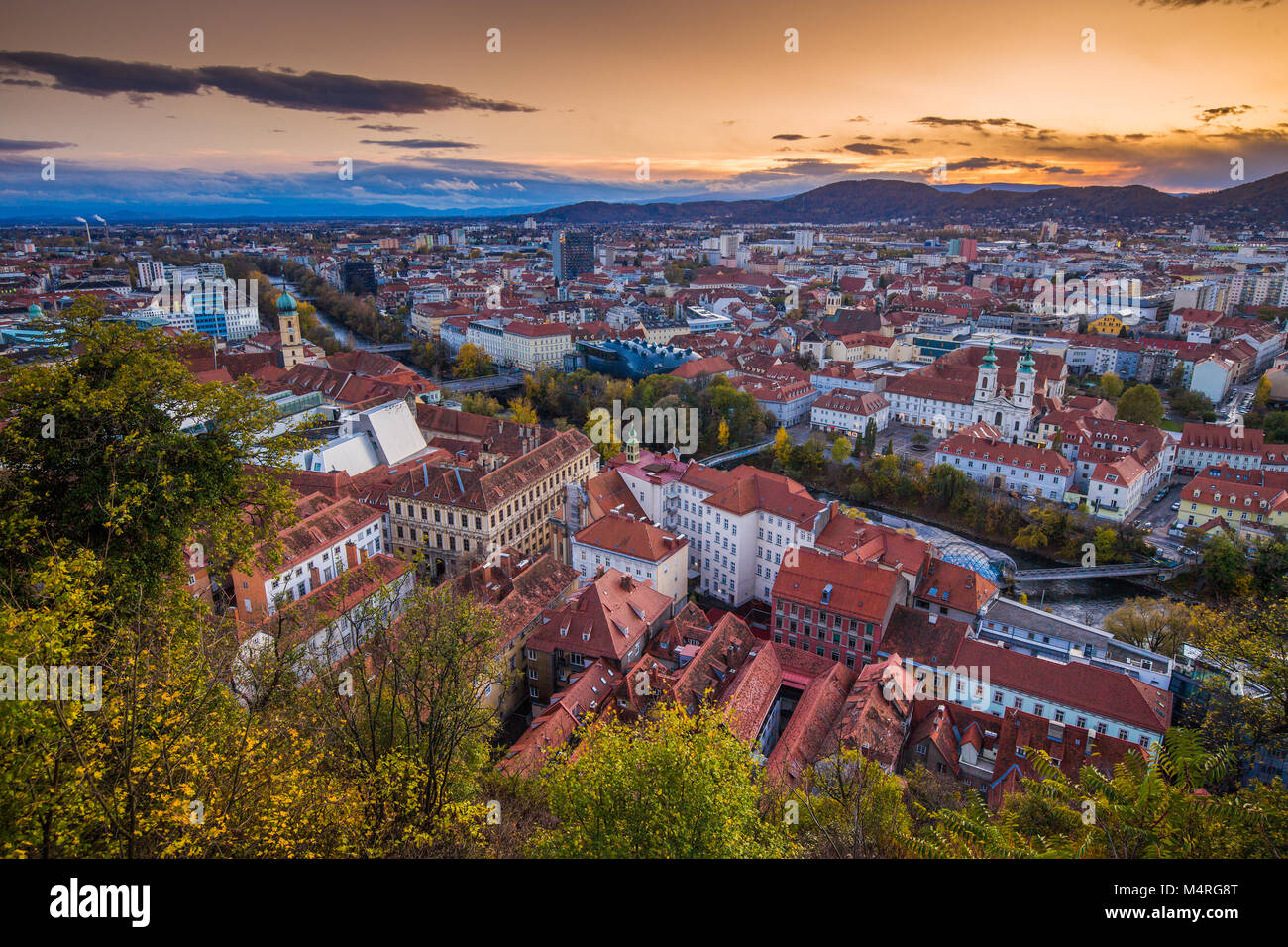 Panoramic aerial view of the old town of Graz from Grazer Schlossberg ...