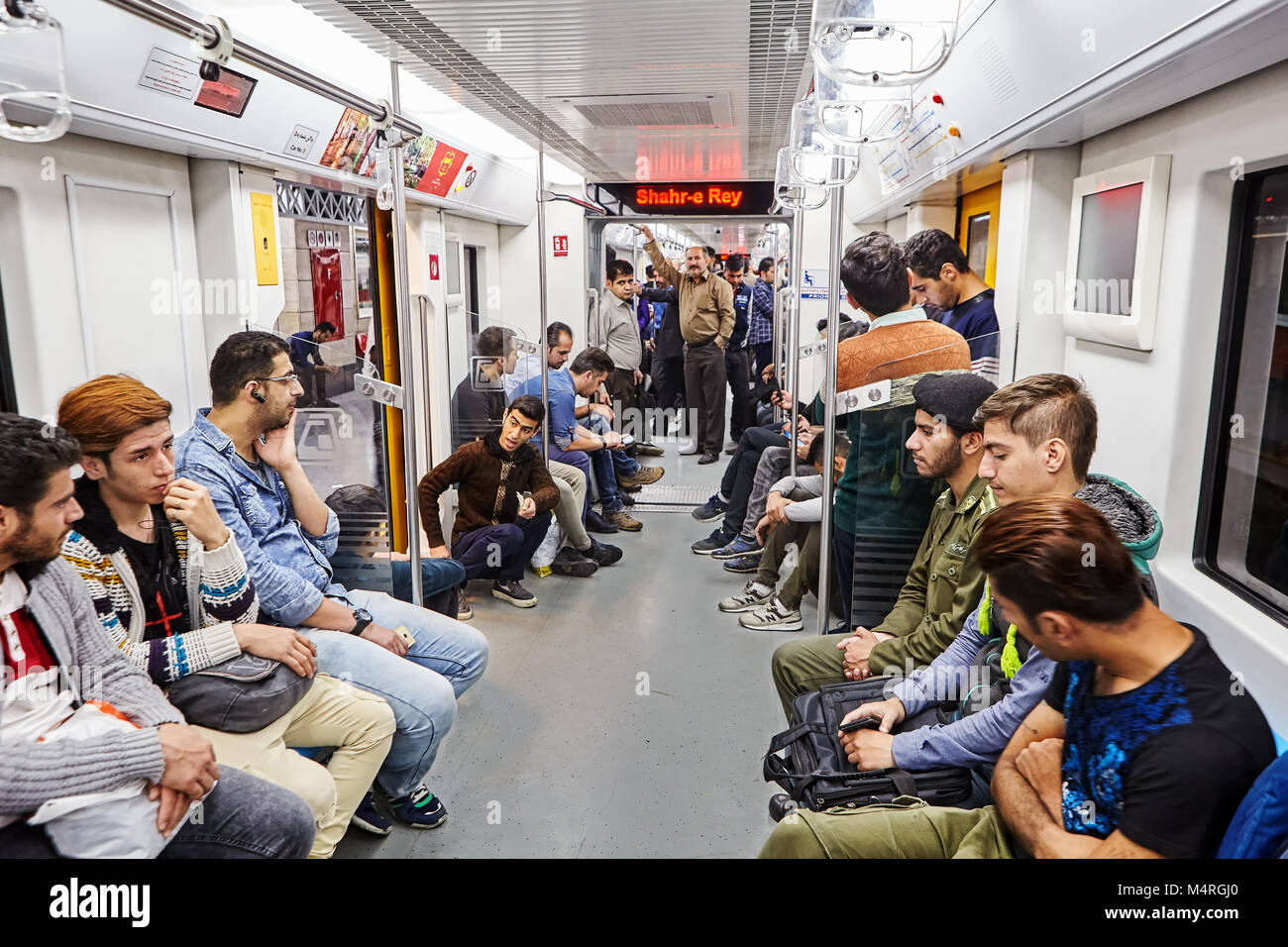 Tehran, Iran - April 29, 2017: The passenger cabin of the subway train ...