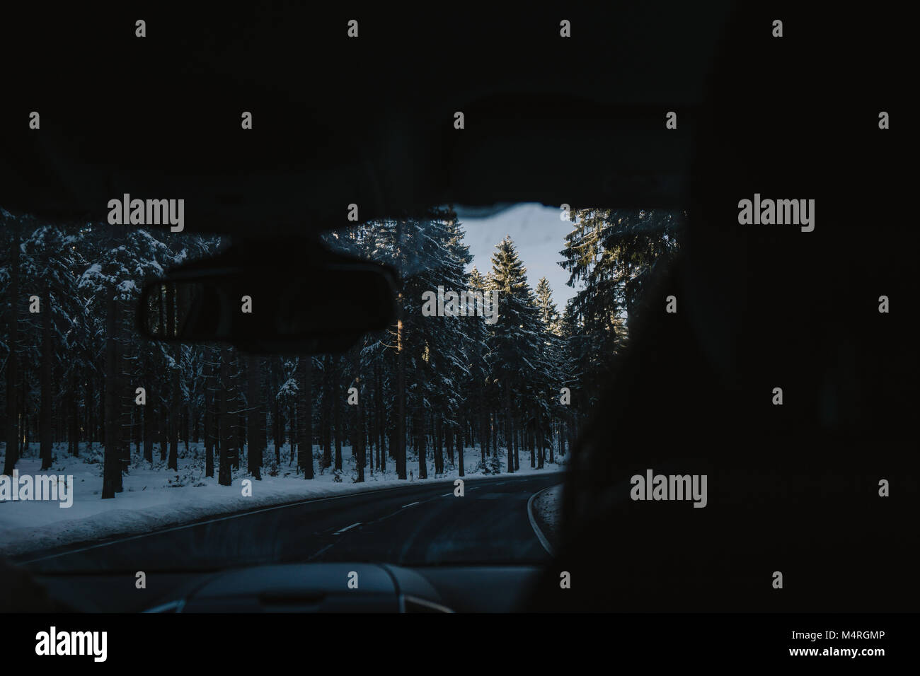 inside a car driving through peaceful scenery of a winter forest Stock ...