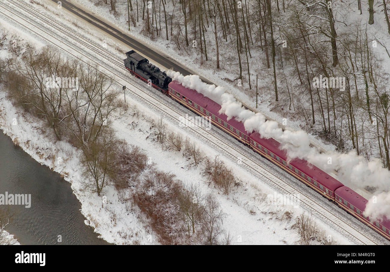Aerial view, steam locomotive with freight trains, snow express, Neheim ...