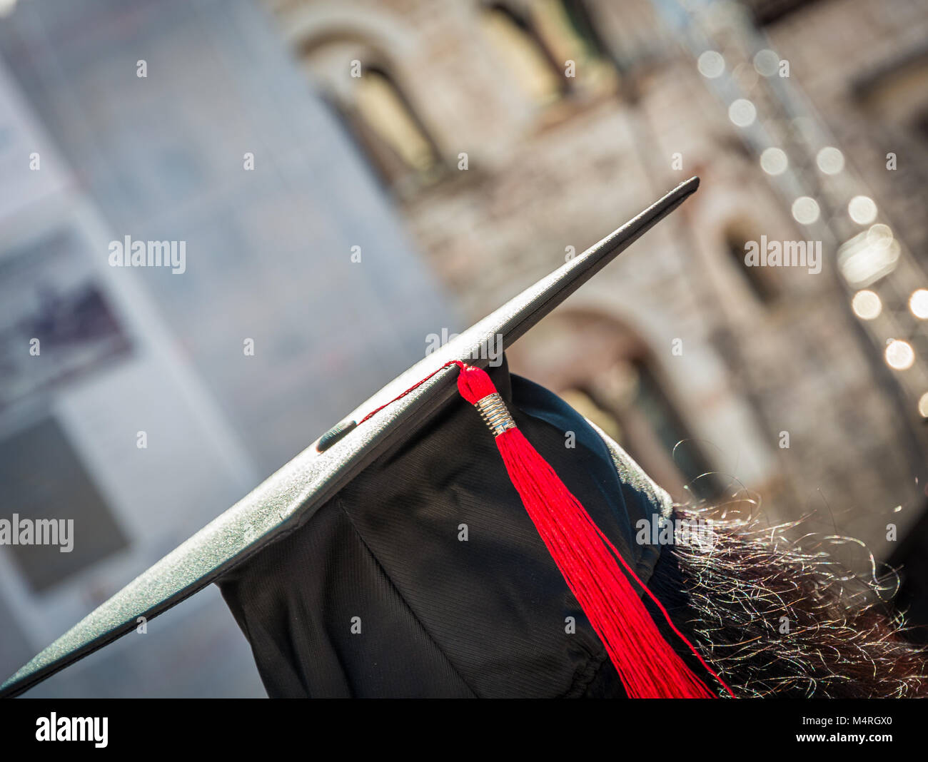 Back of graduate during the graduation ceremony. Close up at graduate ...
