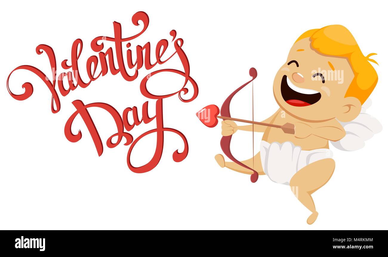 Valentines Day greeting card with cute cupid holding bow and arrow ...