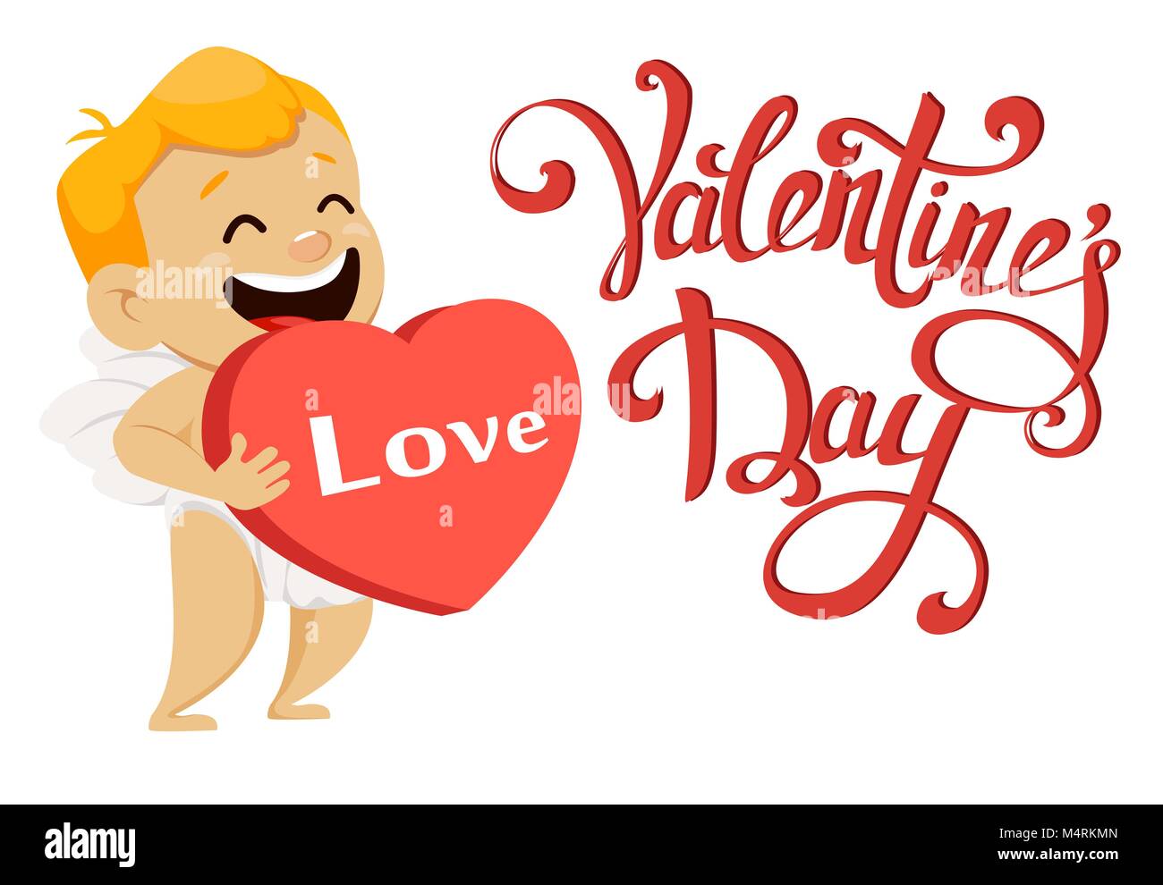 Valentines Day greeting card with cute cupid holding big red heart ...