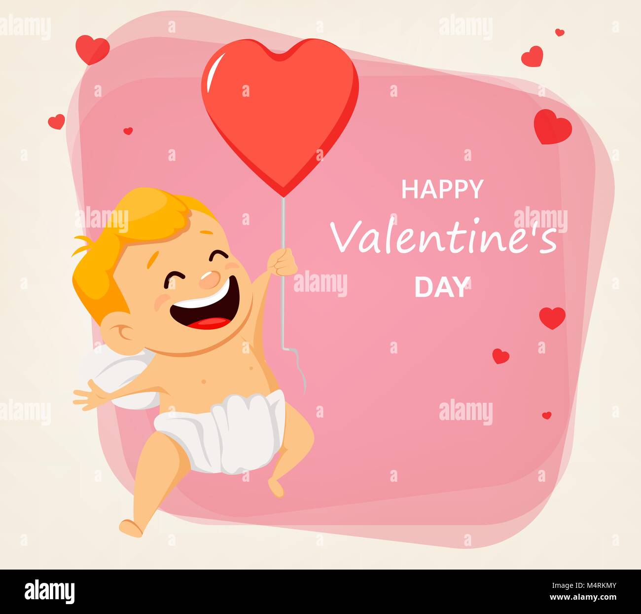 Valentines Day greeting card with cute cupid holding air balloon in ...
