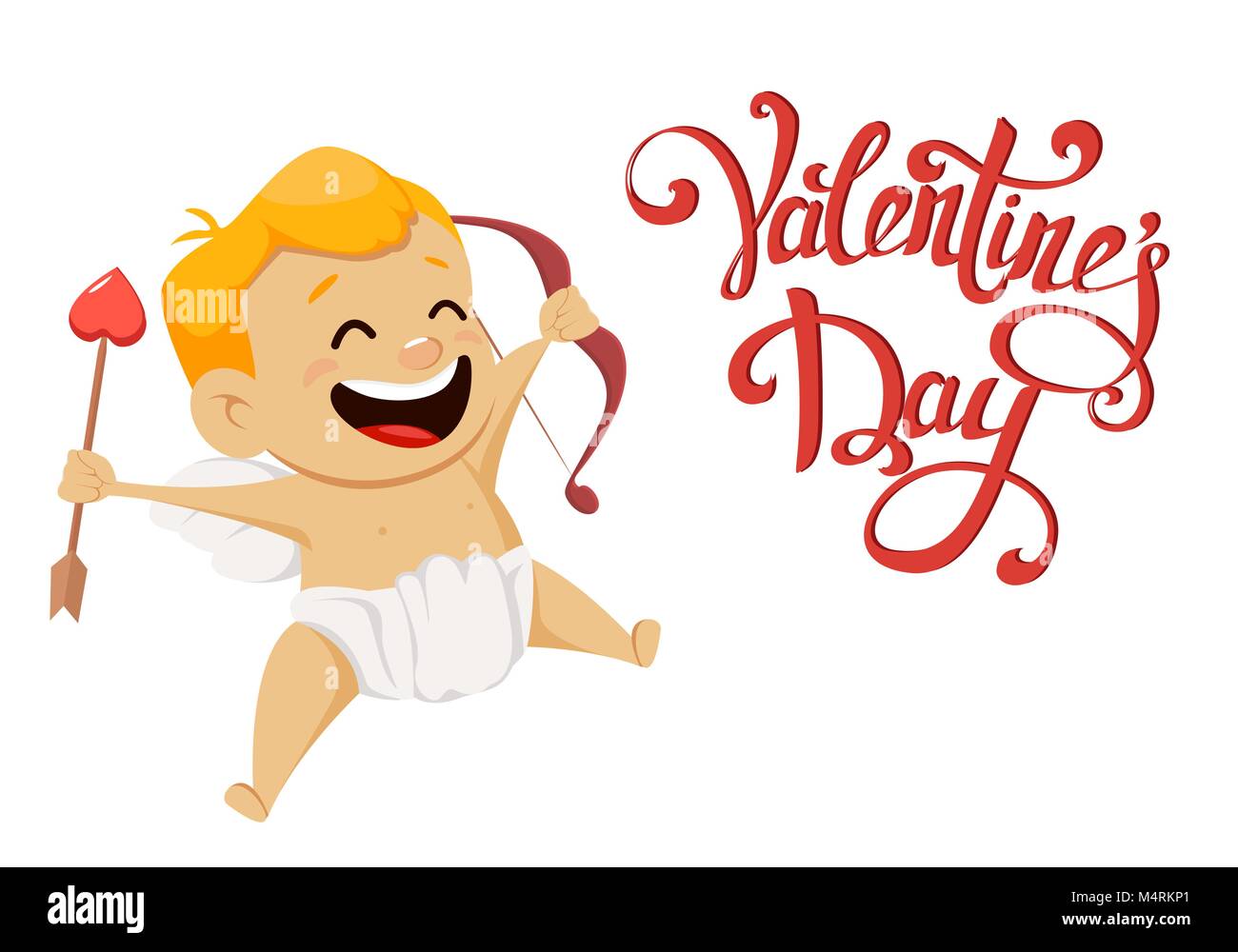 Valentines Day greeting card with cute cupid holding bow and arrow ...