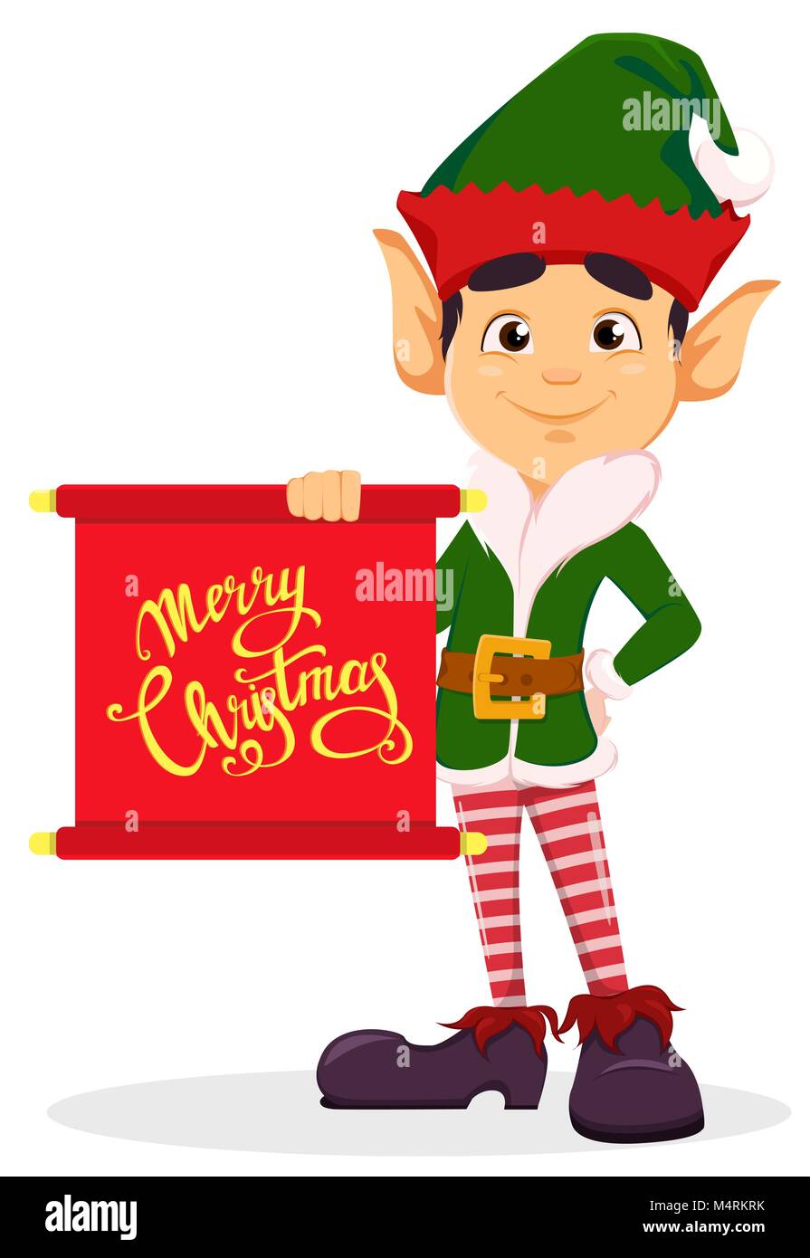 Merry Christmas and Happy New Year. Elf holding scroll with greetings ...