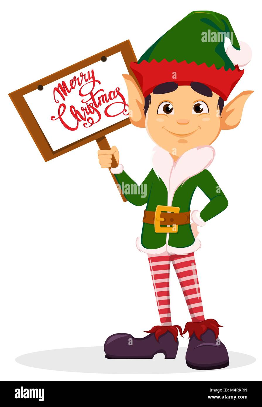 Merry Christmas and Happy New Year. Elf holding placard with greetings ...