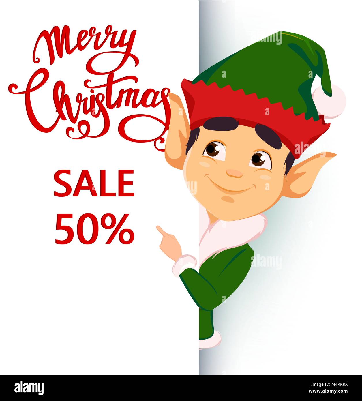 Merry Christmas and Happy New Year. Elf standing behind a sign and ...