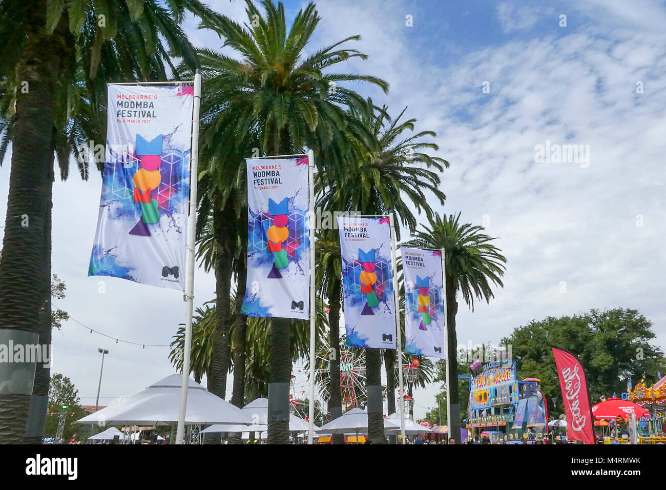 Melbourne, Australia: March 11, 2017: Flags fly at the Moomba Festival ...