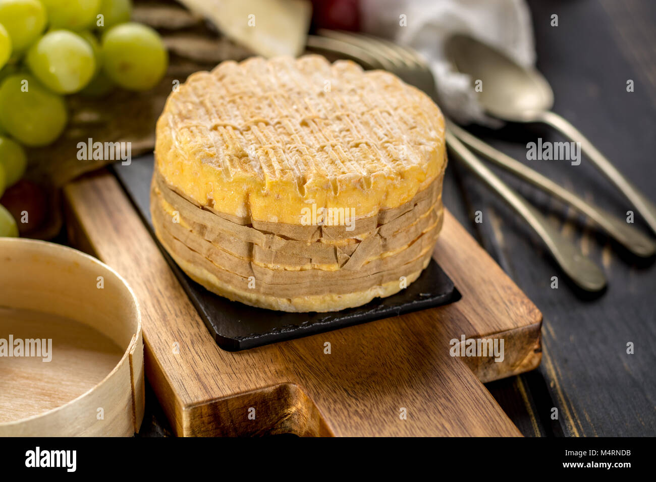 Tasting of oldest french AOC soft pudgent wrapped yellow cheese Livarot ...