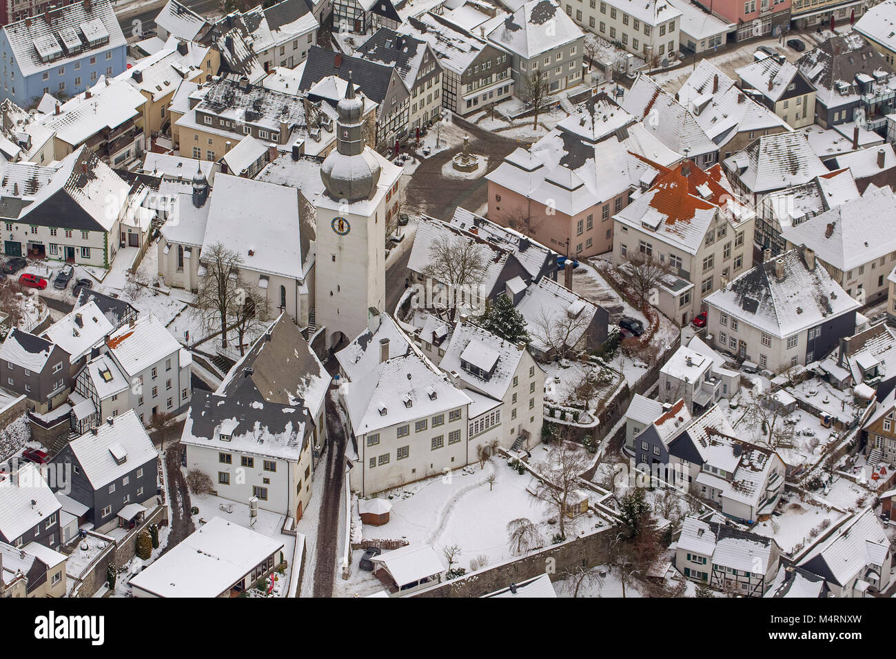 Aerial view, old town of Arnsberg with bell tower, Arnsberg, Sauerland ...