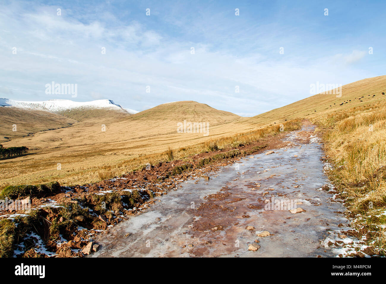 Icy path to Pen y Fan mountain in the Brecon Beacons National Park with ...