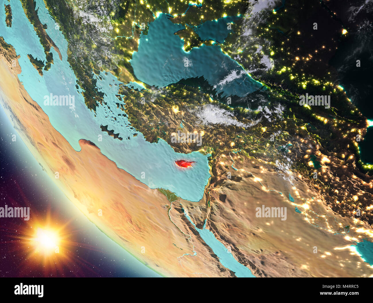Cyprus during sunset highlighted in red on planet Earth with clouds. 3D ...