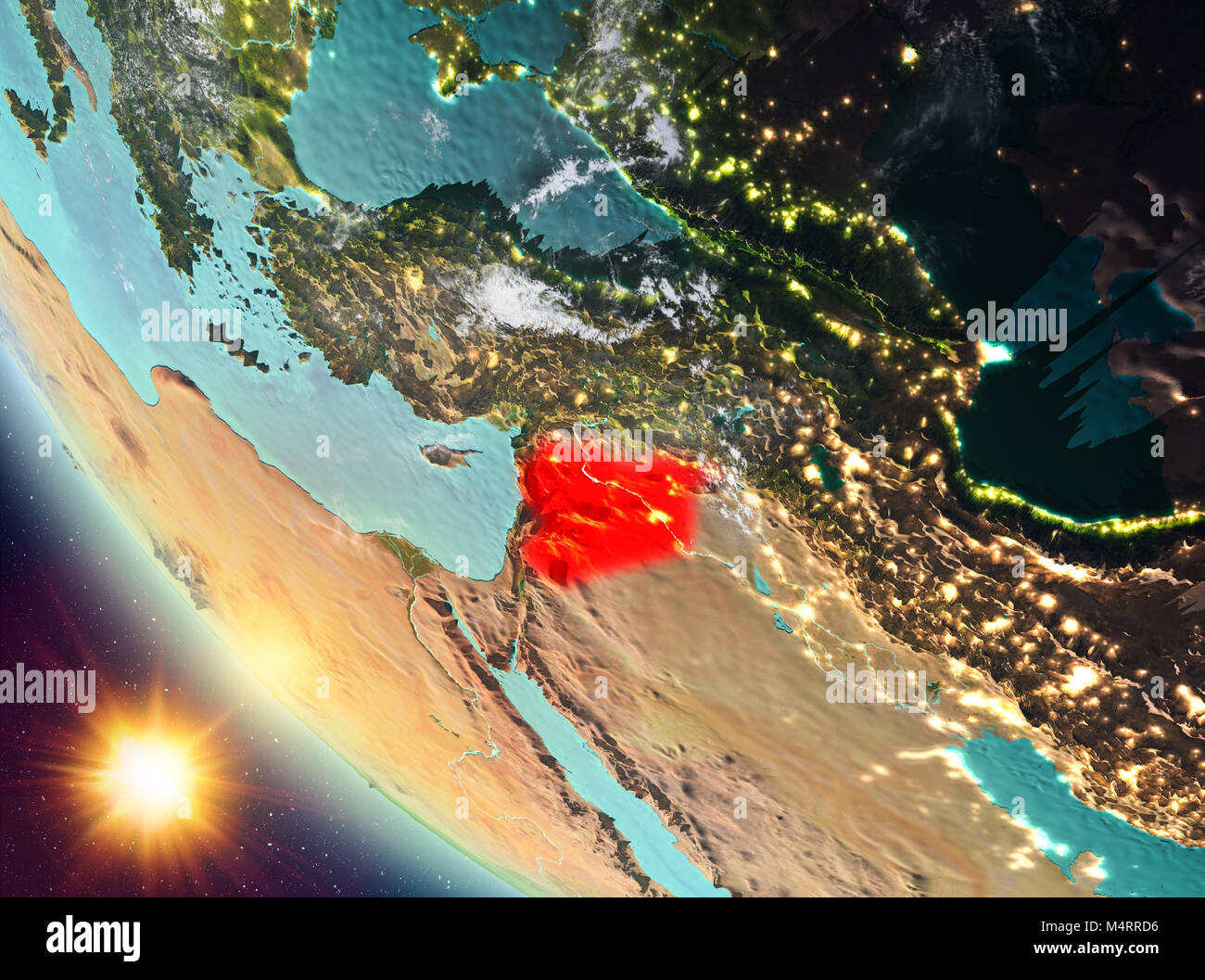 Syria during sunset highlighted in red on planet Earth with clouds. 3D ...