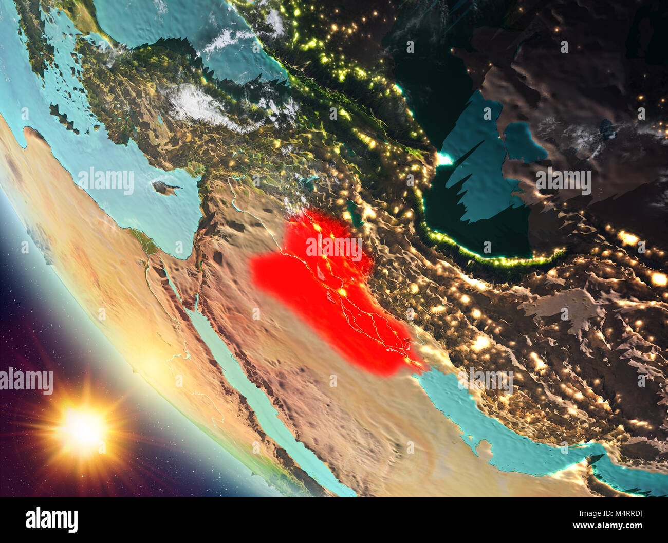 Iraq during sunset highlighted in red on planet Earth with clouds. 3D ...