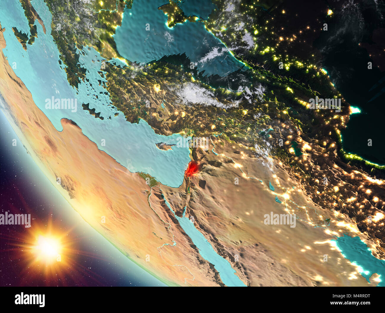 Lebanon during sunset highlighted in red on planet Earth with clouds ...