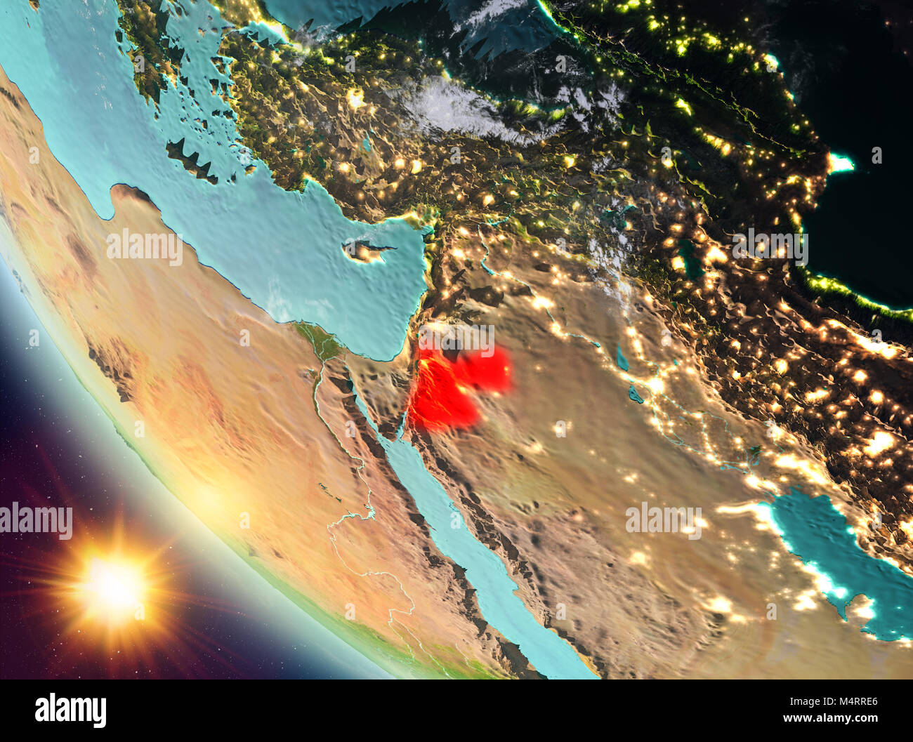 Jordan during sunset highlighted in red on planet Earth with clouds. 3D ...