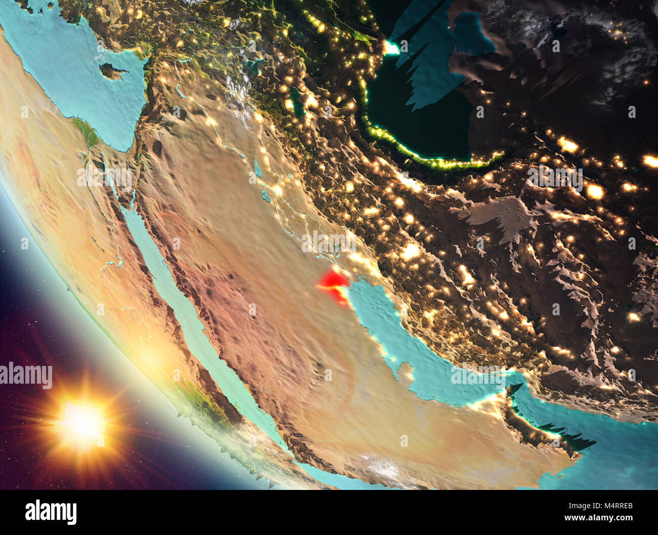 Kuwait during sunset highlighted in red on planet Earth with clouds. 3D ...