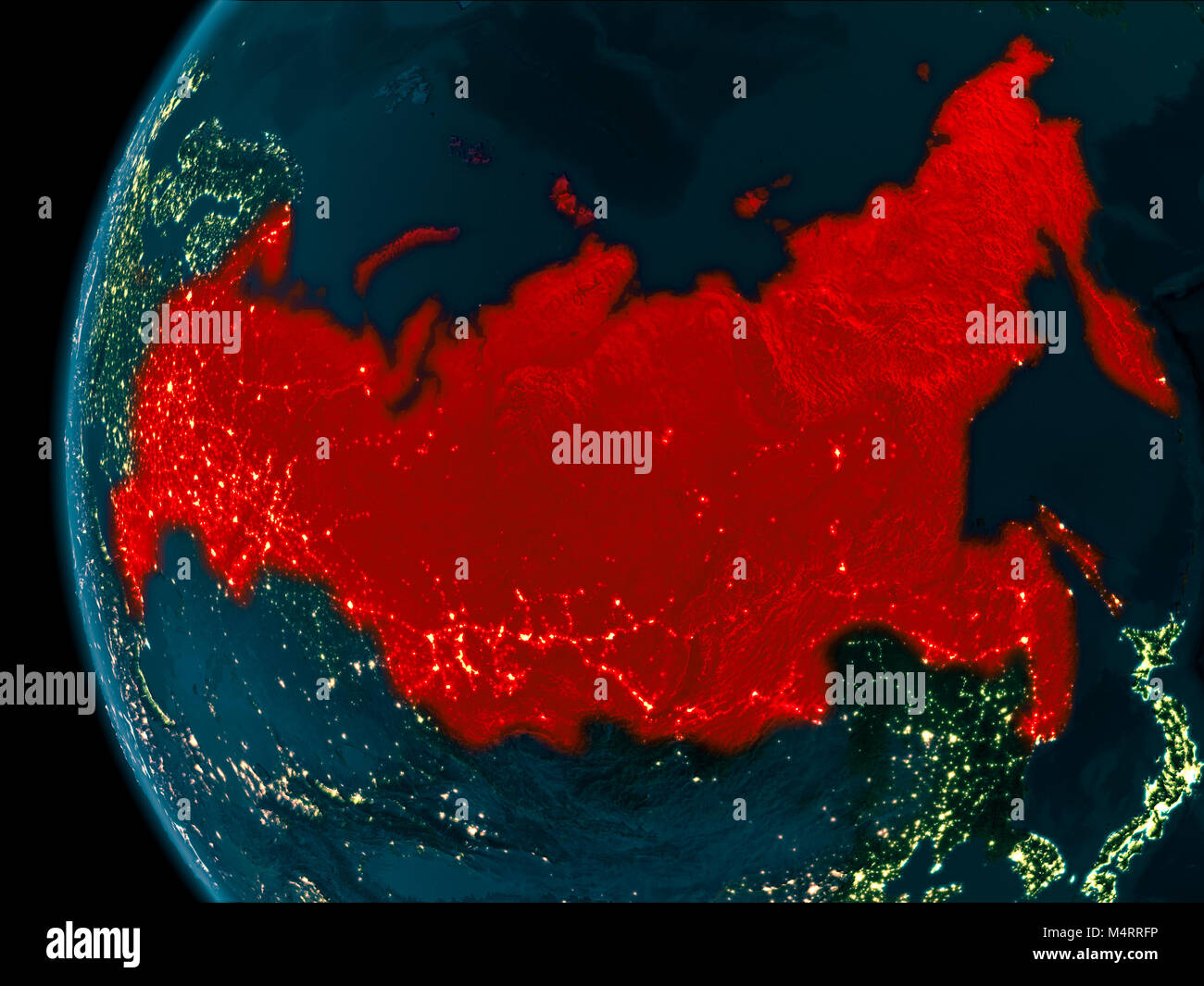 Russia from orbit of planet Earth at night with highly detailed surface ...