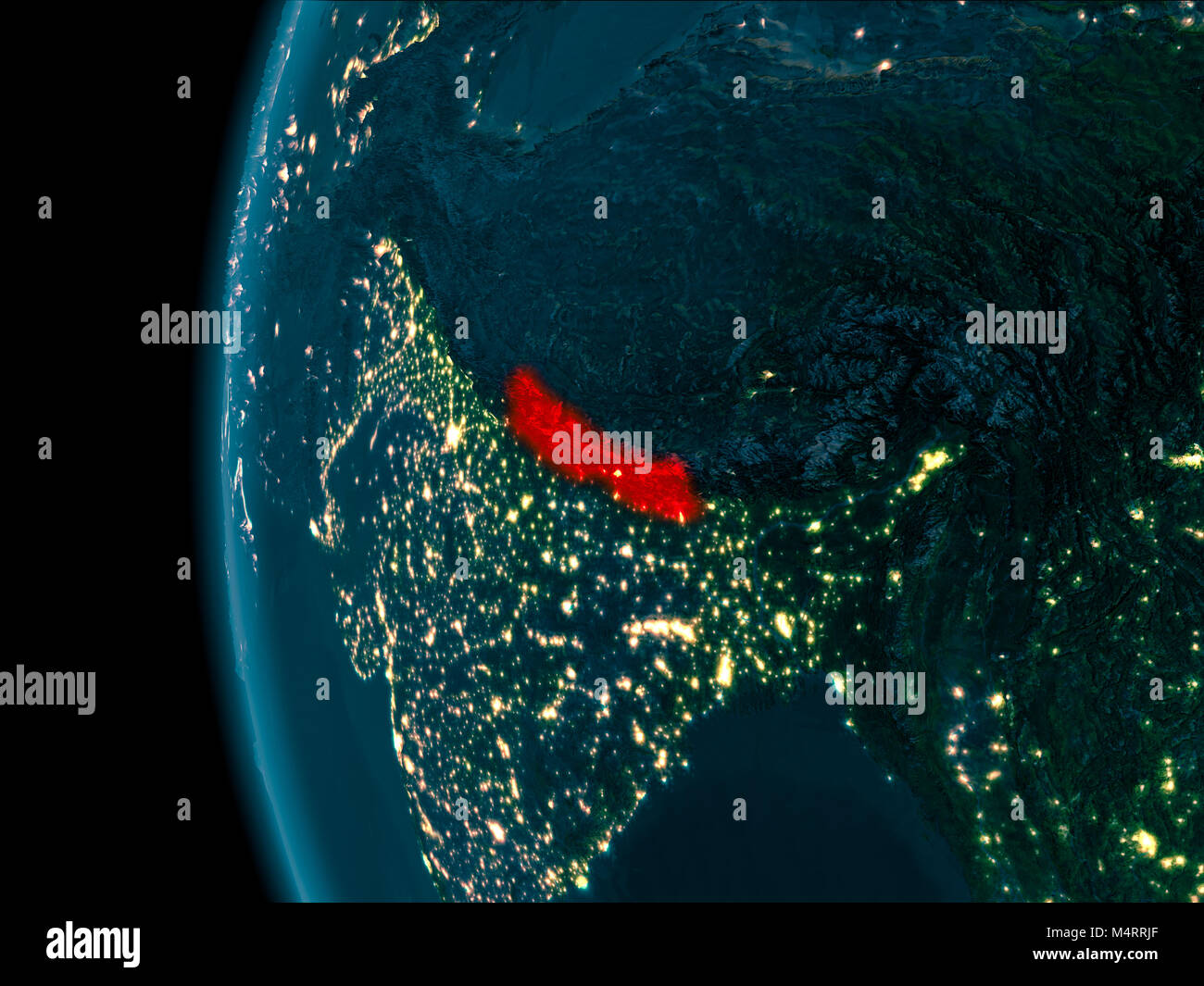 Nepal from orbit of planet Earth at night with highly detailed surface ...