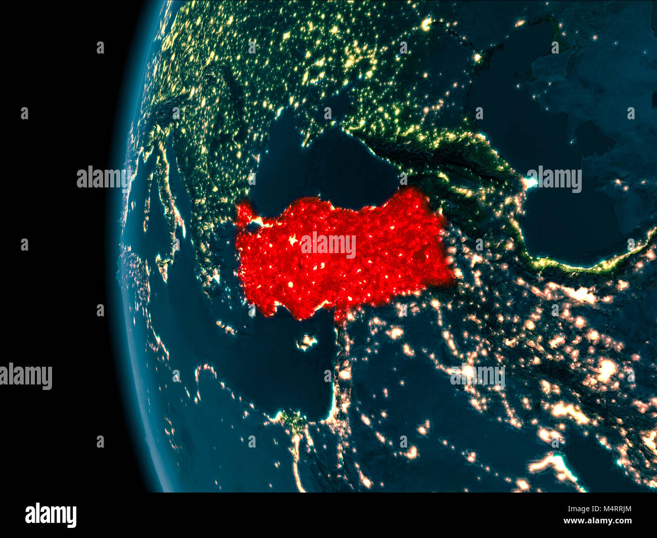 Turkey from orbit of planet Earth at night with highly detailed surface ...