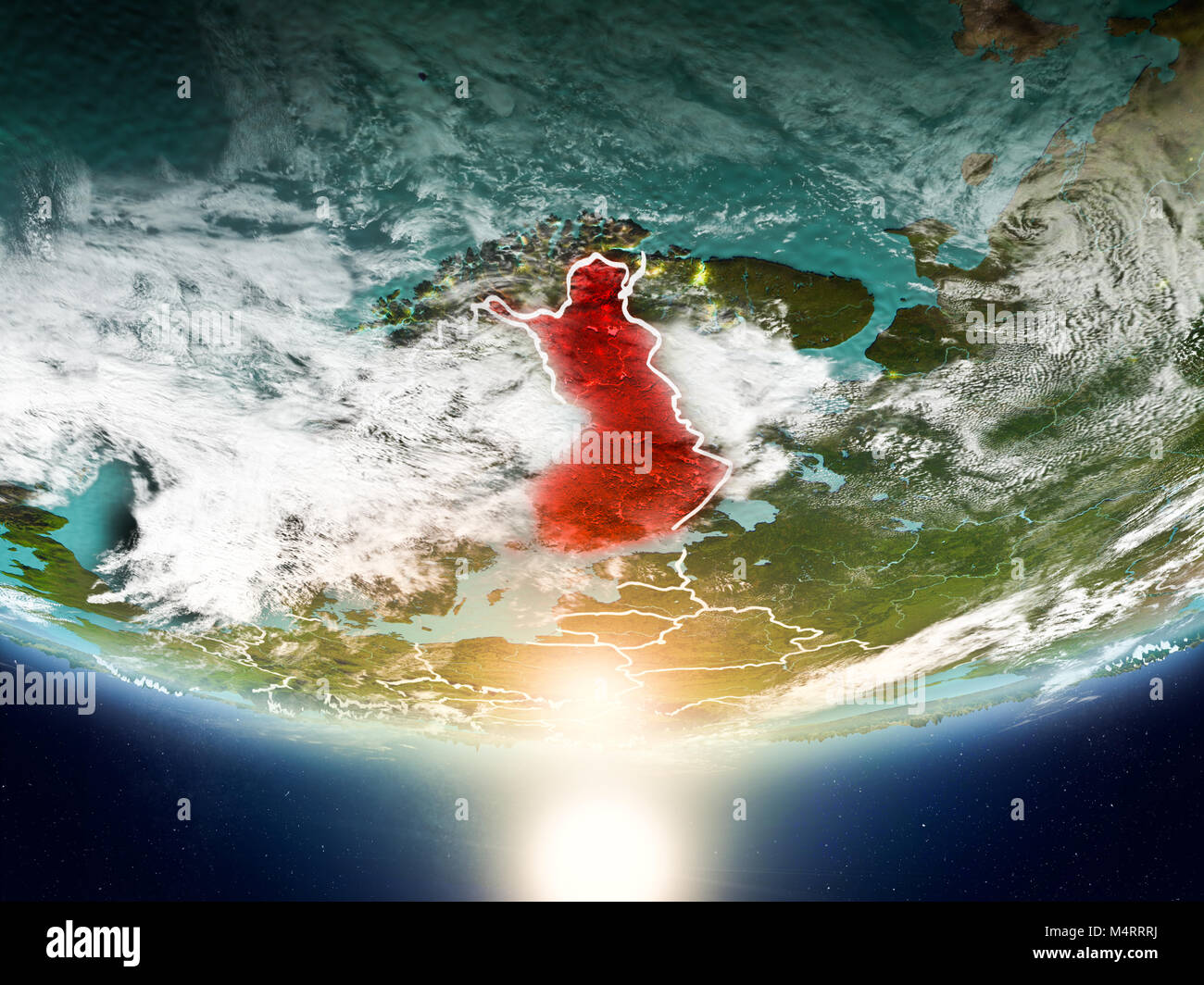 Finland from orbit of planet Earth in sunrise with highly detailed ...