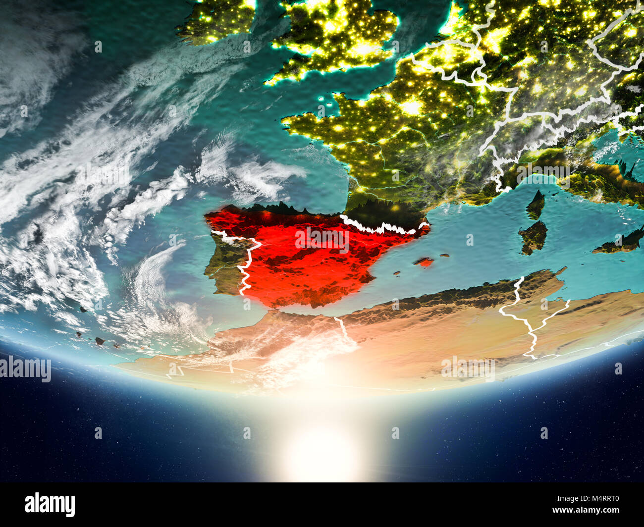 Spain from orbit of planet Earth in sunrise with highly detailed ...