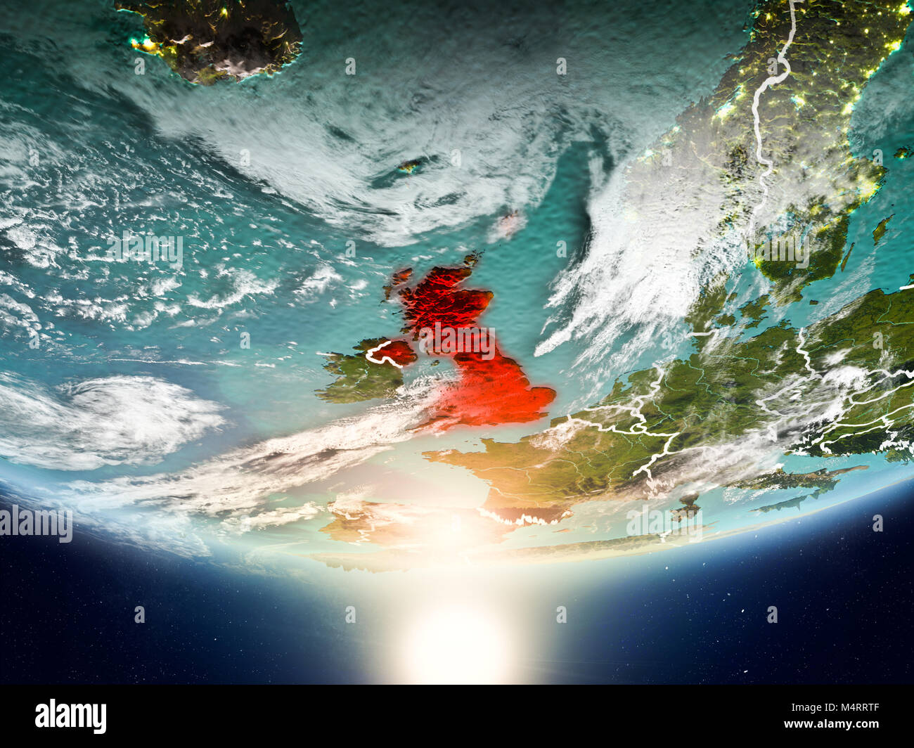 United Kingdom from orbit of planet Earth in sunrise with highly ...