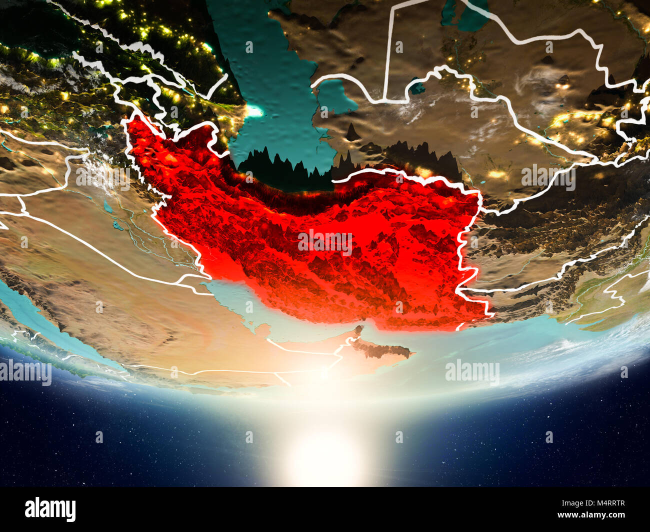 Iran from orbit of planet Earth in sunrise with highly detailed surface ...