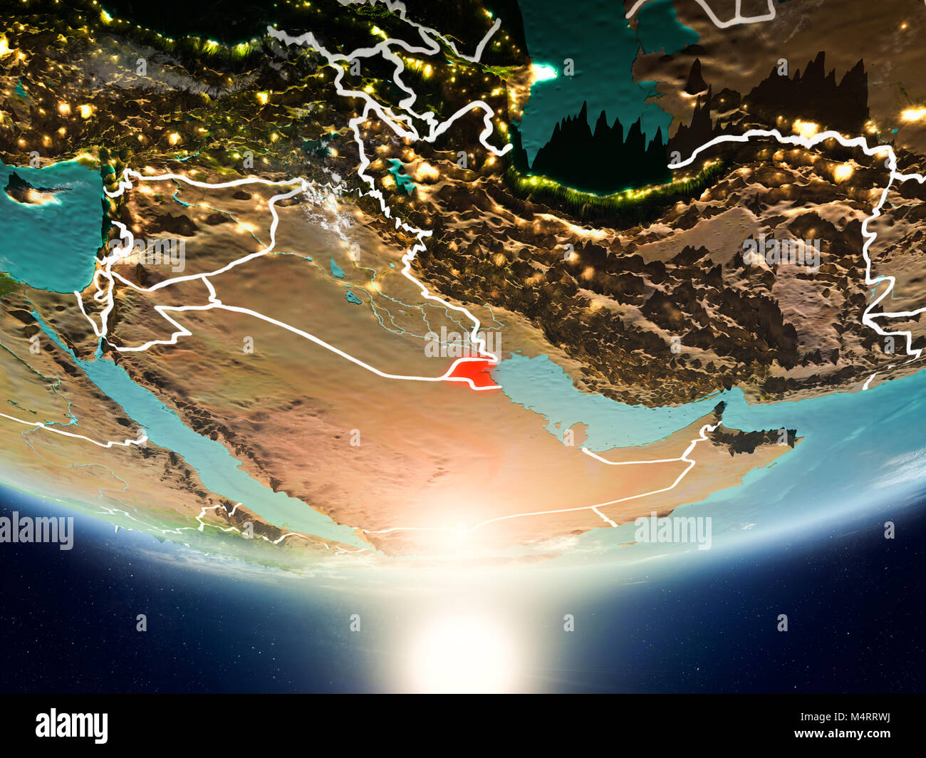 Kuwait from orbit of planet Earth in sunrise with highly detailed ...