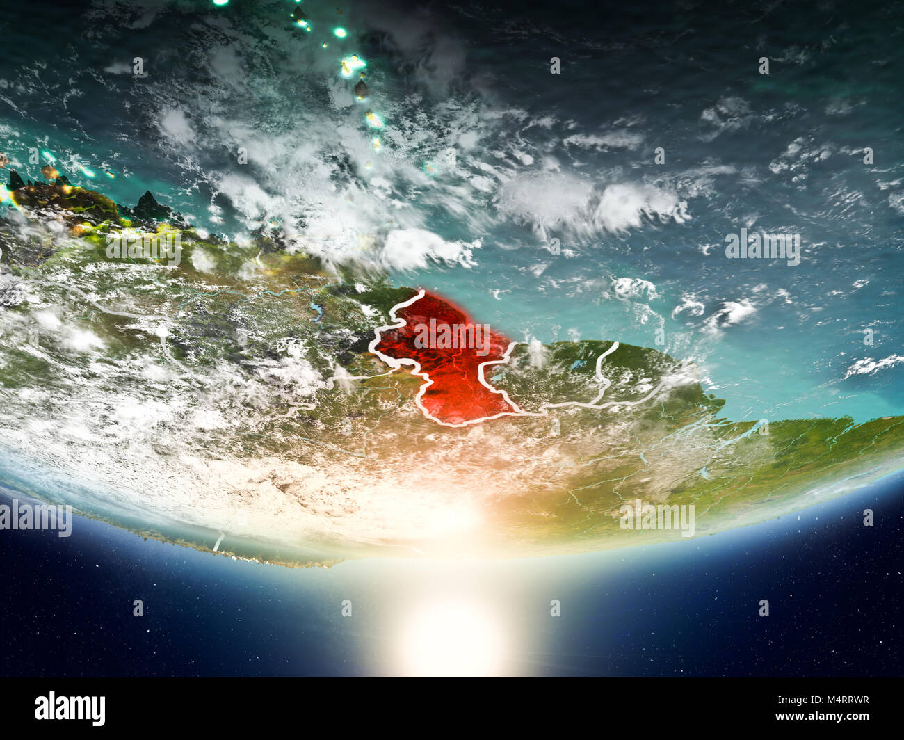 Guyana from orbit of planet Earth in sunrise with highly detailed ...