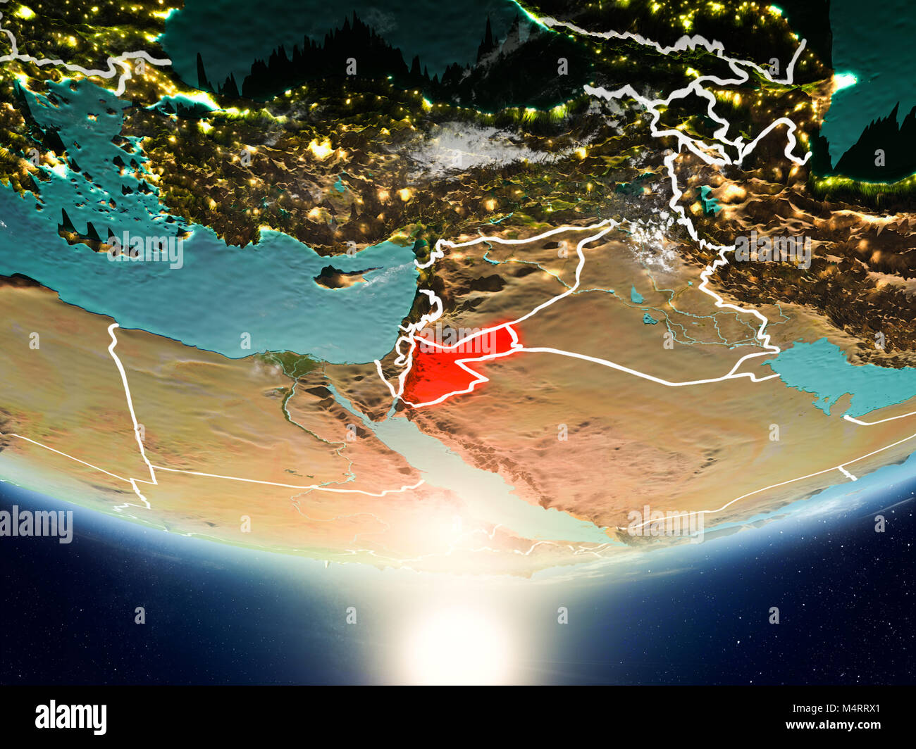 Jordan from orbit of planet Earth in sunrise with highly detailed ...