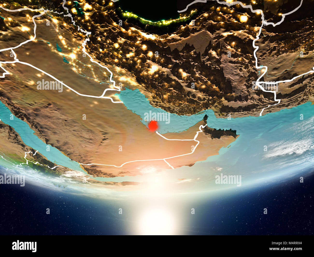 Qatar from orbit of planet Earth in sunrise with highly detailed ...