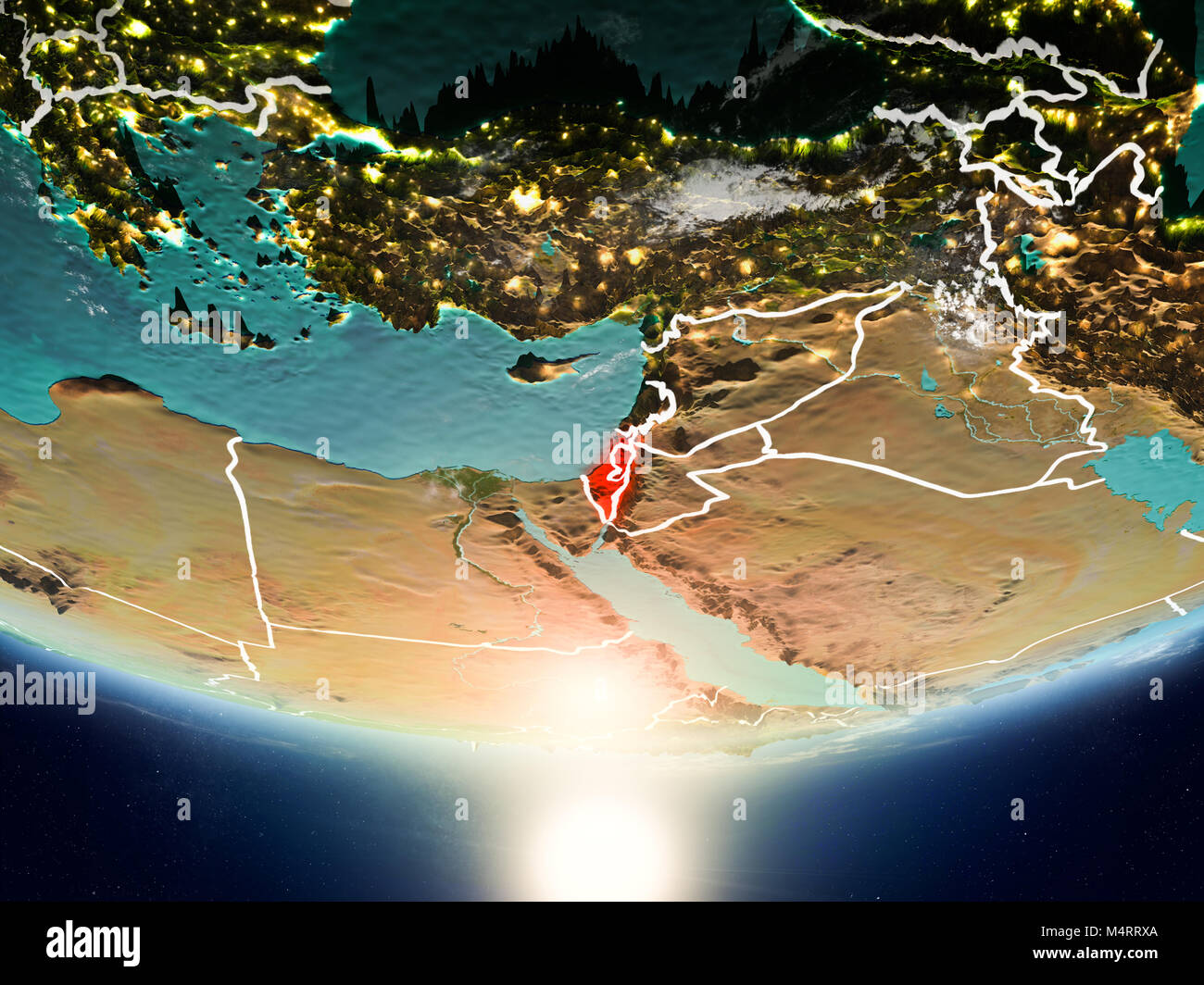 Israel from orbit of planet Earth in sunrise with highly detailed ...