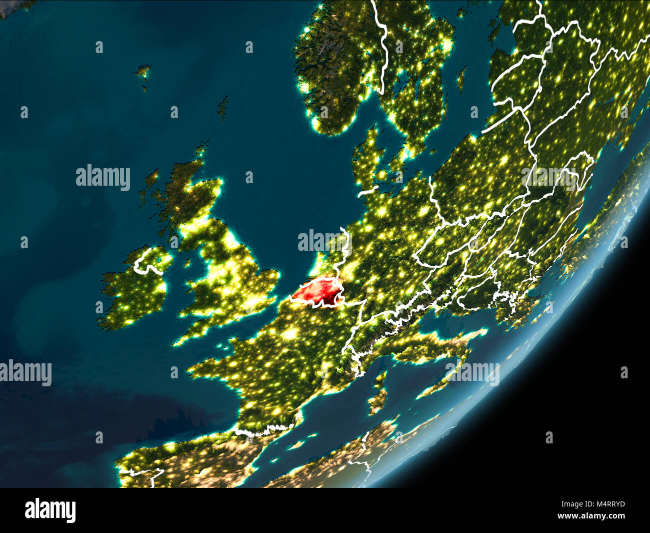 Belgium as seen from Earth’s orbit on planet Earth at night highlighted in red with visible ...