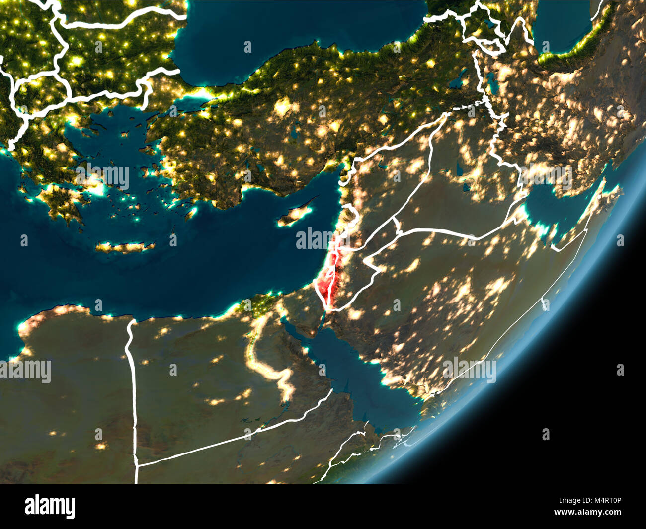 Israel as seen from Earth’s orbit on planet Earth at night highlighted ...