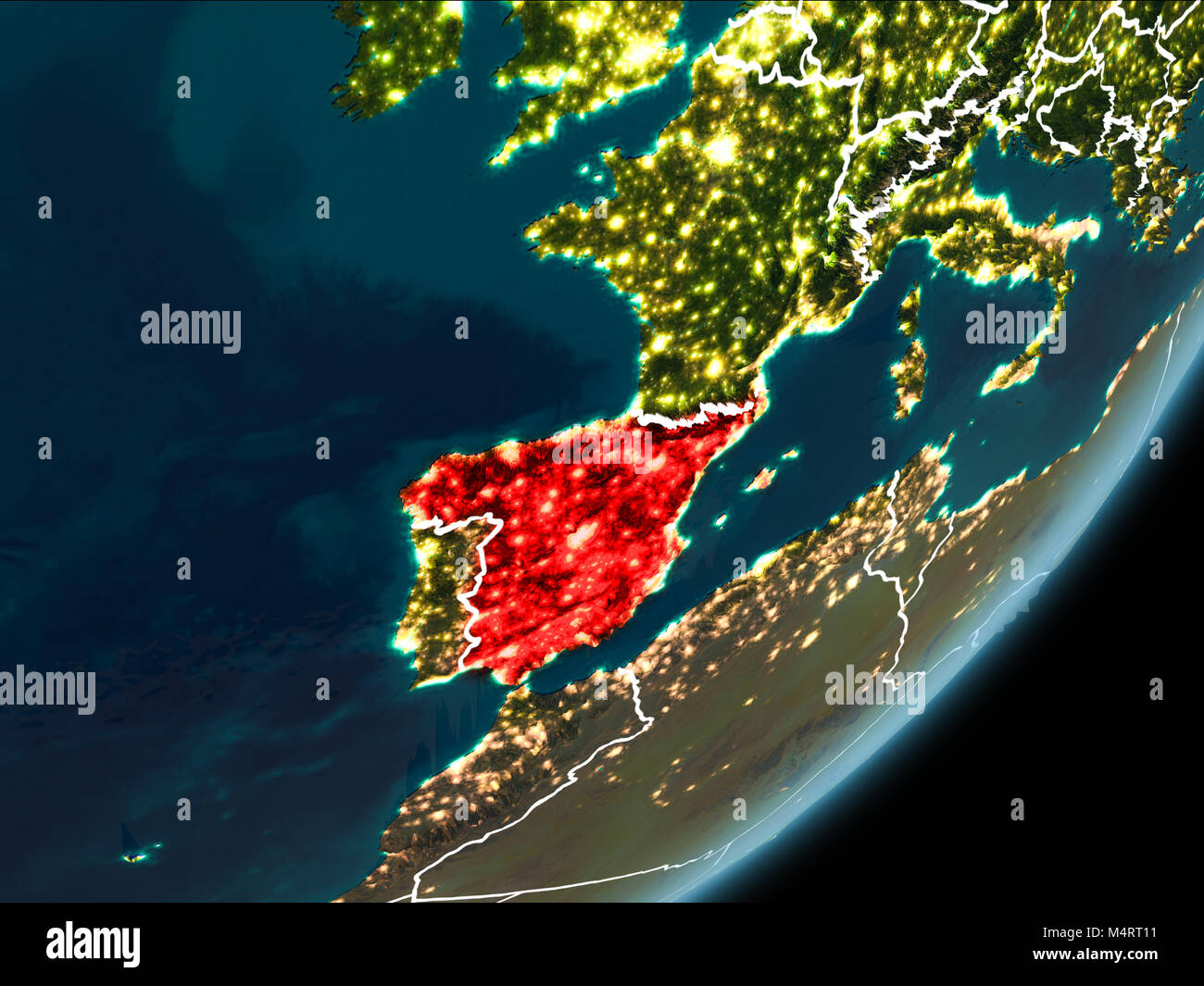 Spain as seen from Earth’s orbit on planet Earth at night highlighted ...