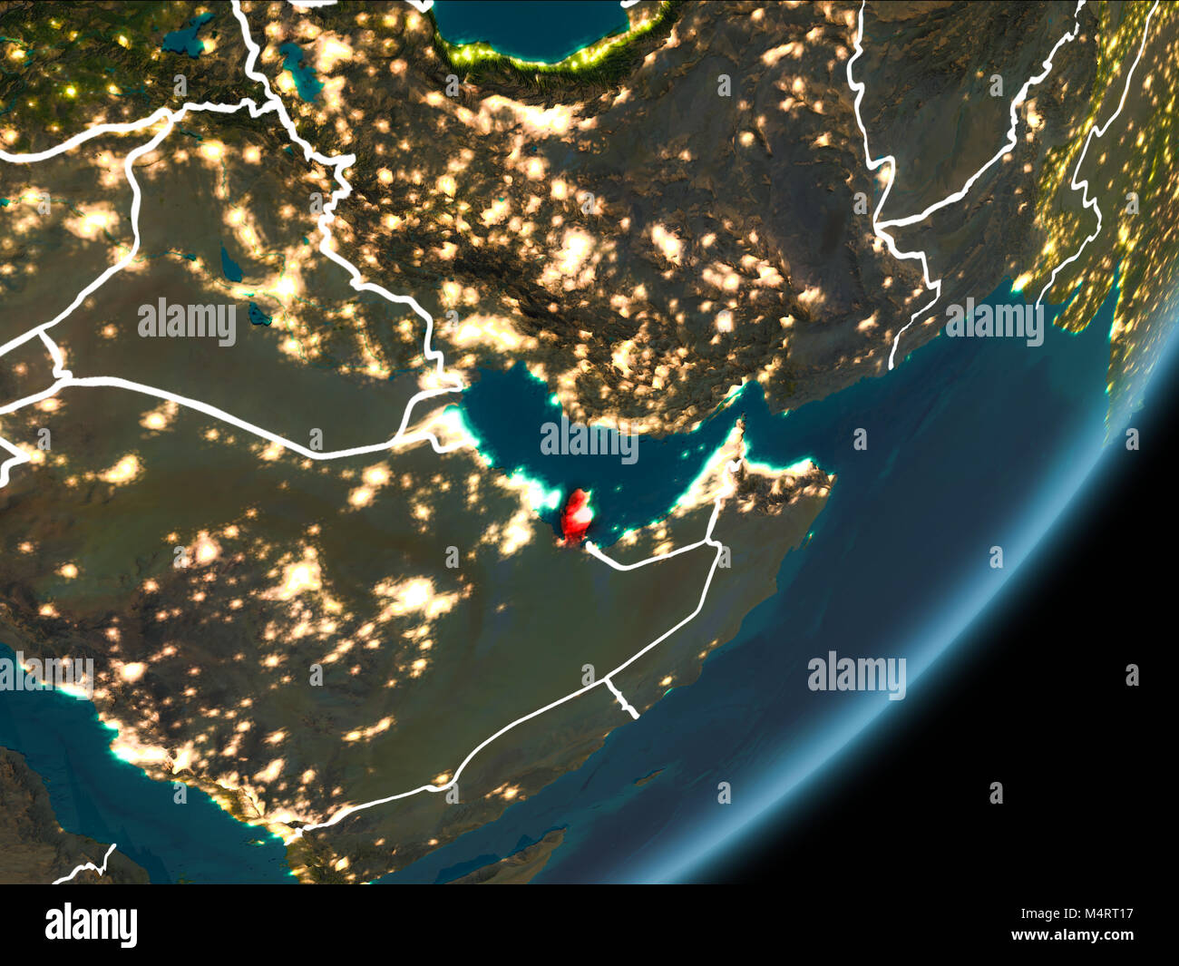 Qatar as seen from Earth’s orbit on planet Earth at night highlighted ...