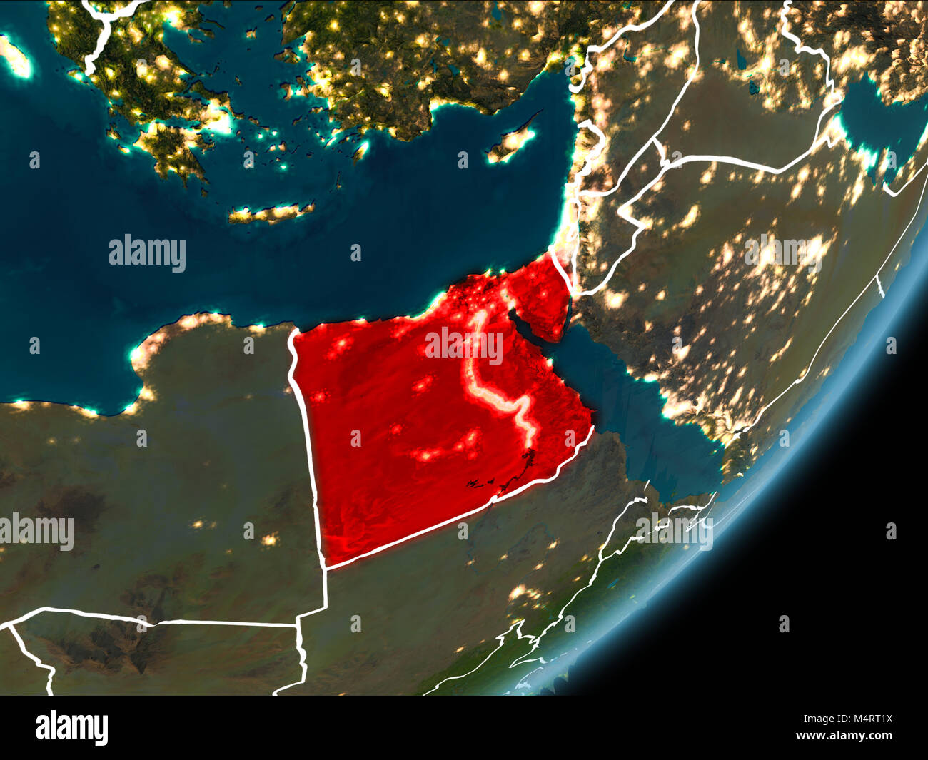 Egypt as seen from Earth’s orbit on planet Earth at night highlighted ...