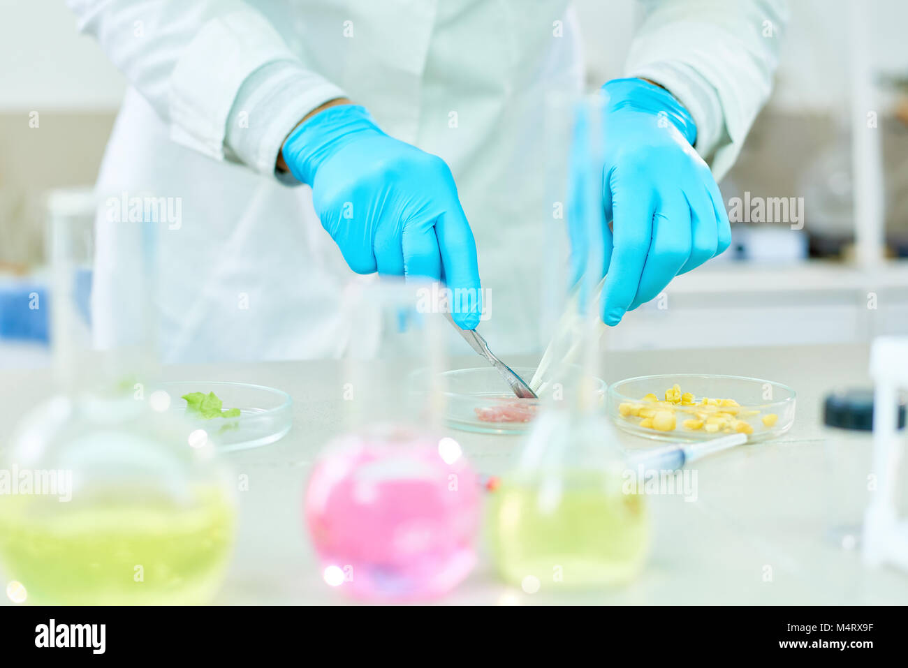 Close-up shot of unrecognizable scientist wearing rubber gloves and ...