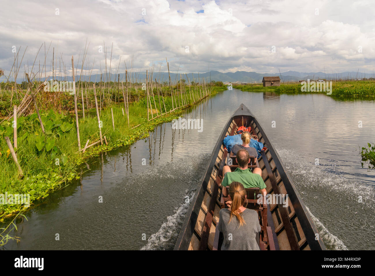 Nyaung Shwe: boat with tourists at canal, water hyacinth, Inle Lake ...