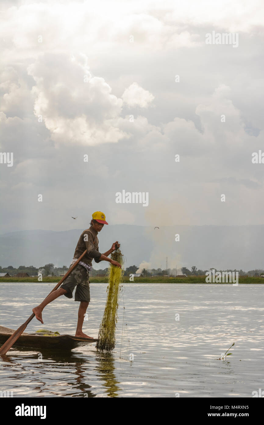 Nyaung Shwe: fisherman at Inle Lake, fishing net, leg rowing style ...