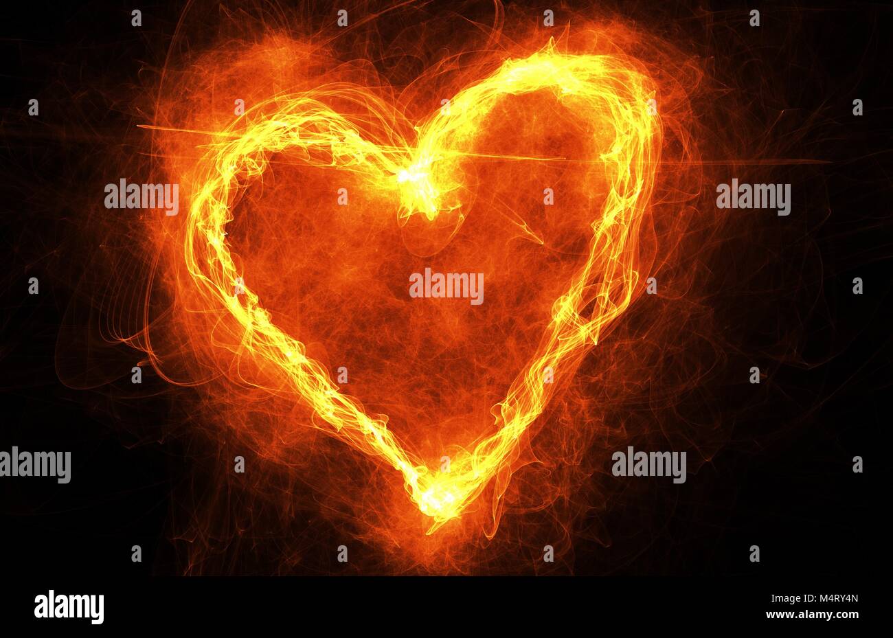 Burning heart in dark. Heart-shaped ring of fire with copyspace. Frame ...