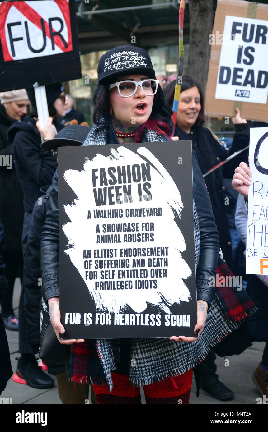 London, UK, 17 February 2018 Anti fur protest outside BFC on The Strand ...