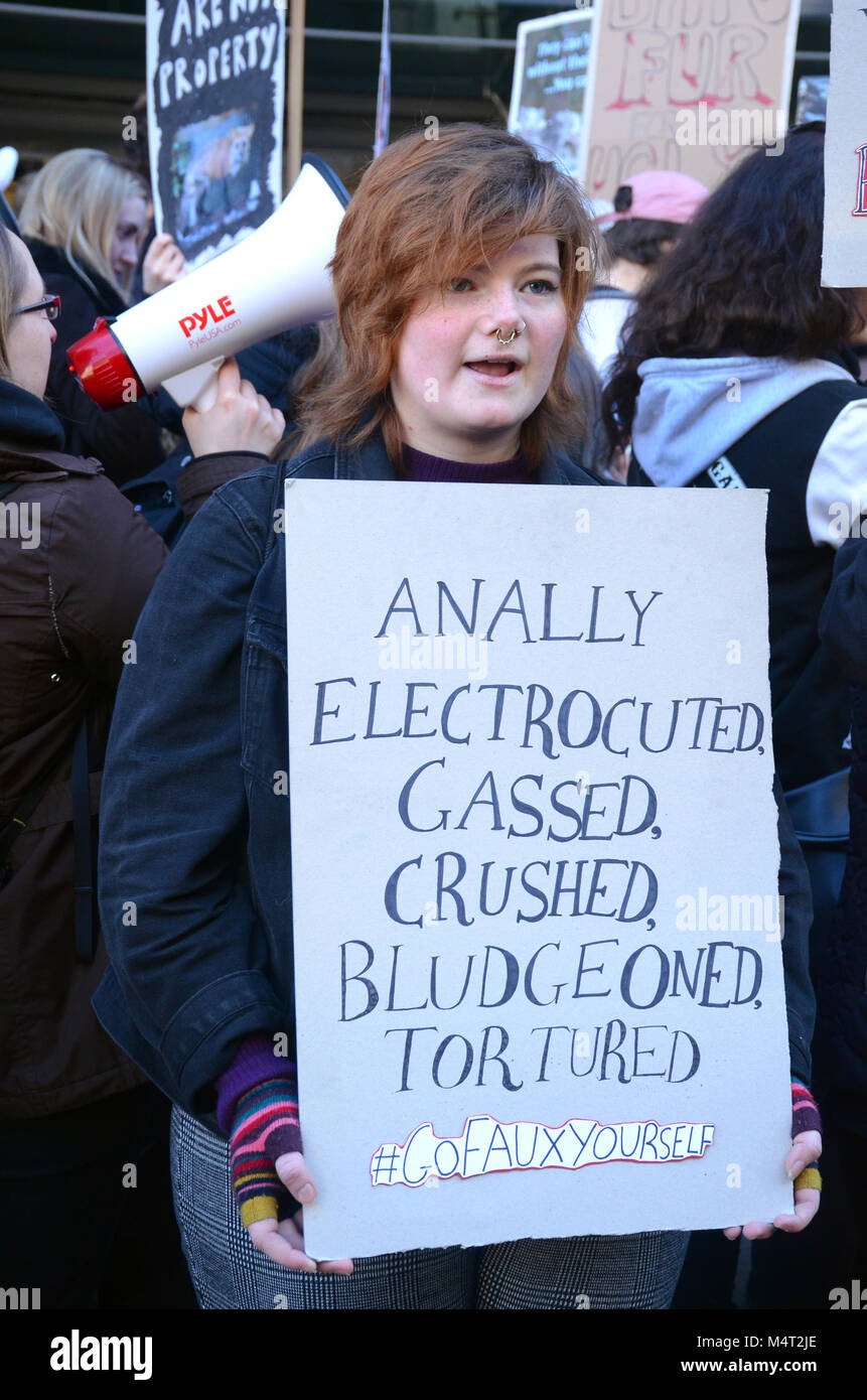 London, UK, 17 February 2018 Anti fur protest outside BFC on The Strand ...